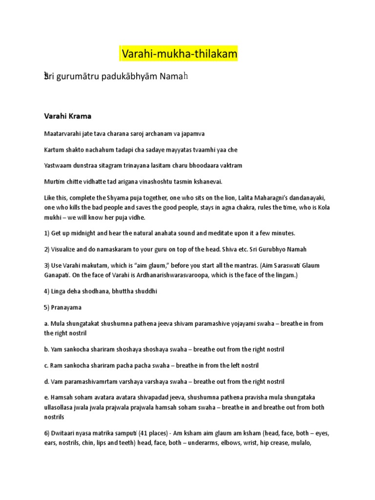 Varahi Mukha Thilakam | PDF | Hindu Behaviour And Experience | Hindu Mythology