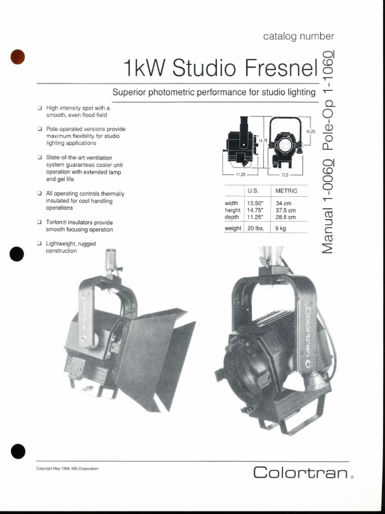 Colortran 1kW Studio Fresnel Spec Sheet 1994 | PDF | Lighting | Light