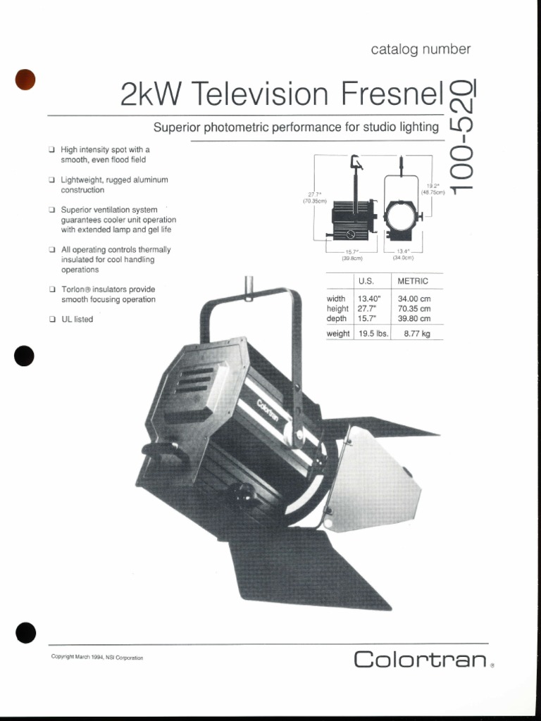 Colortran 2kW Television Fresnel 100-520 Spec Sheet 1994 | PDF ...
