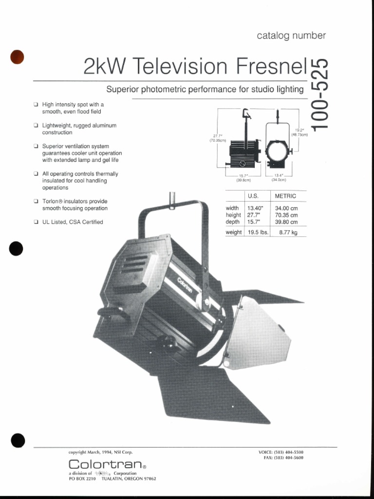 Colortran 2kW Television Fresnel 100-525 Spec Sheet 1994 | PDF ...