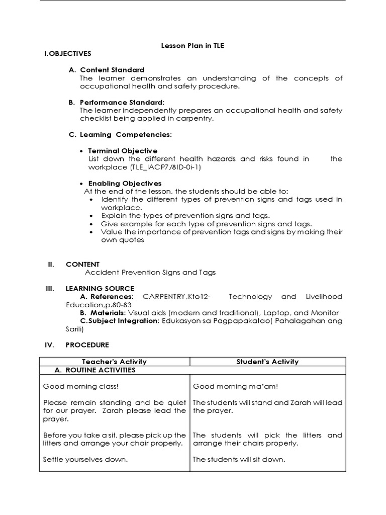 Lesson Plan Tle Prevention Tags and Signs | PDF | Personal Protective ...
