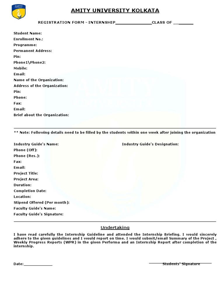 Amity University Kolkata: Registration Form - Internship Class of | PDF
