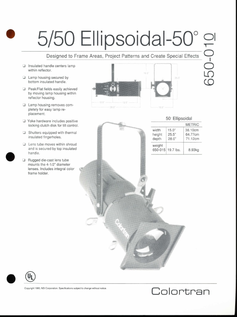 Colortran 5-50 Ellipsoidal 50 Deg. Spec Sheet 1995 | PDF | Equipment ...