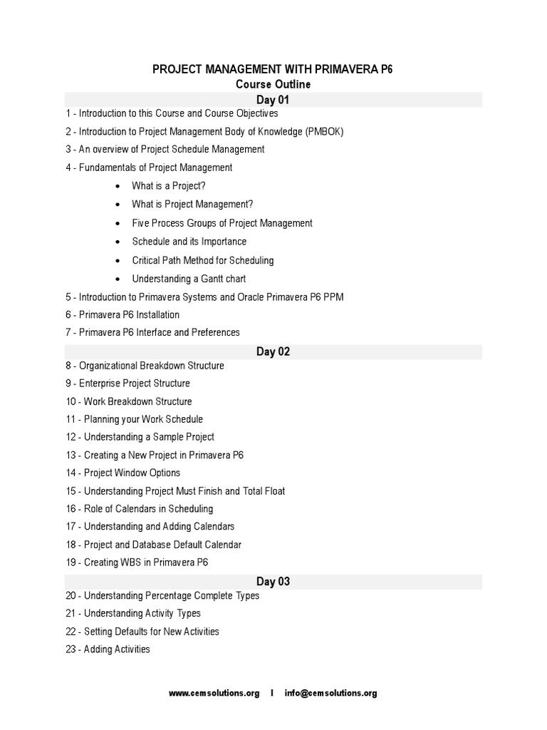 Course Contents Primavera P6 Training Course CEM Solutions | PDF ...