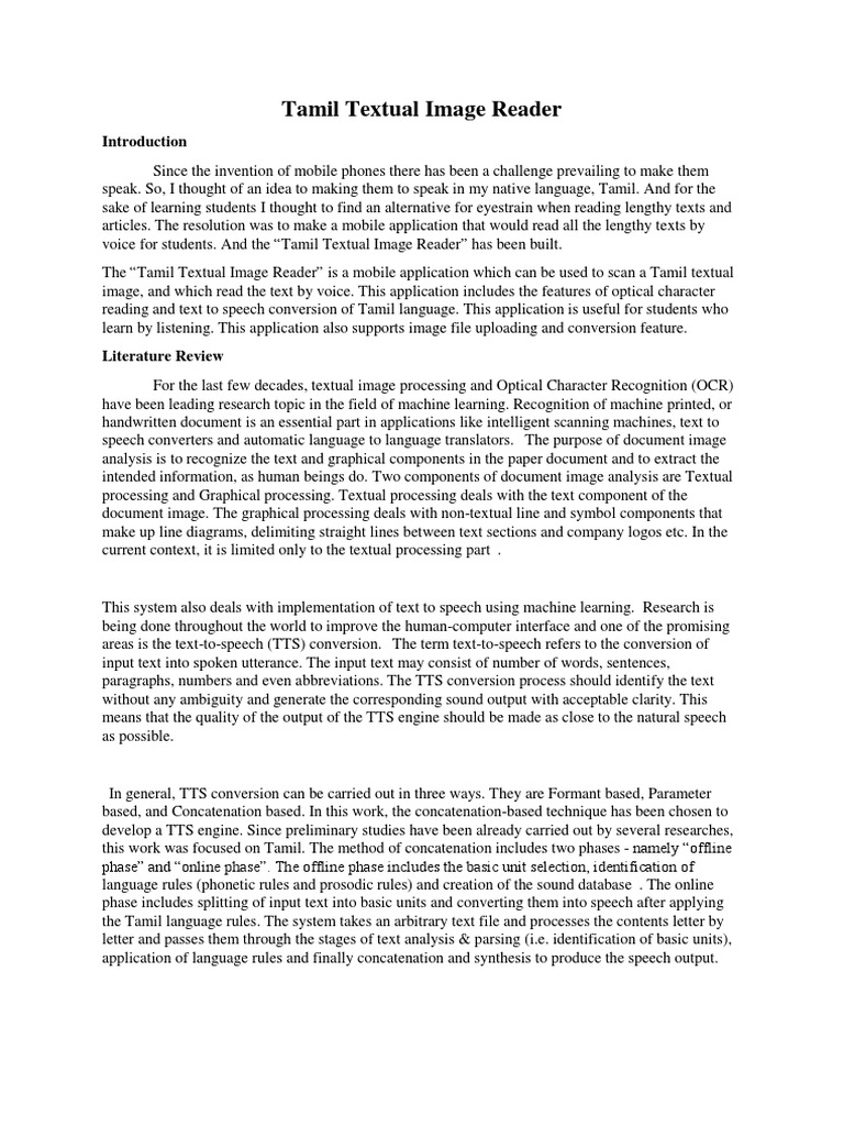 Tamil Textual Image Reader | PDF | Speech Synthesis | Optical Character ...