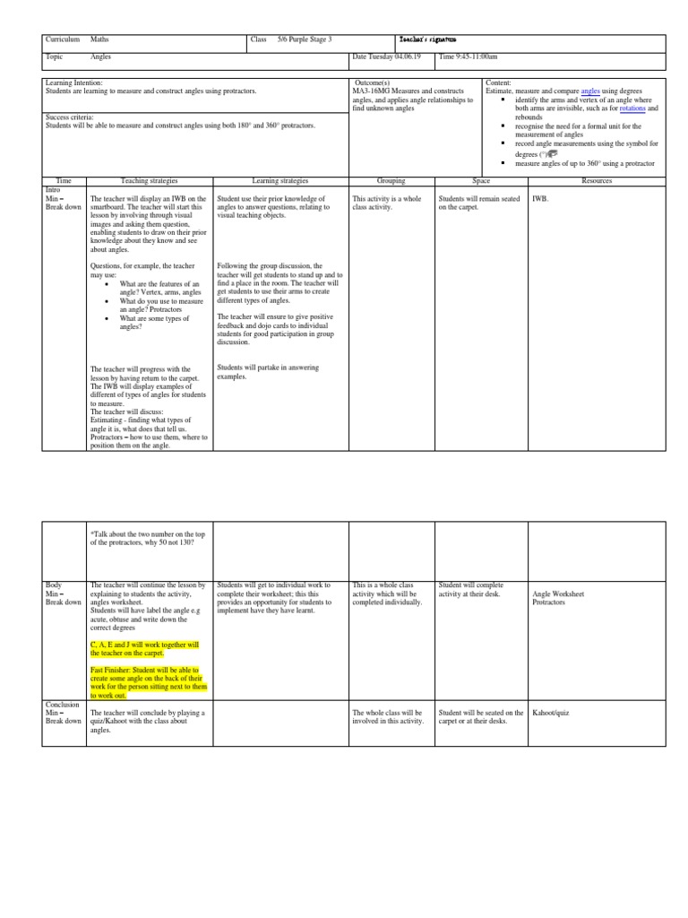 Lesson Plan Math Angles | Download Free PDF | Angle | Teachers