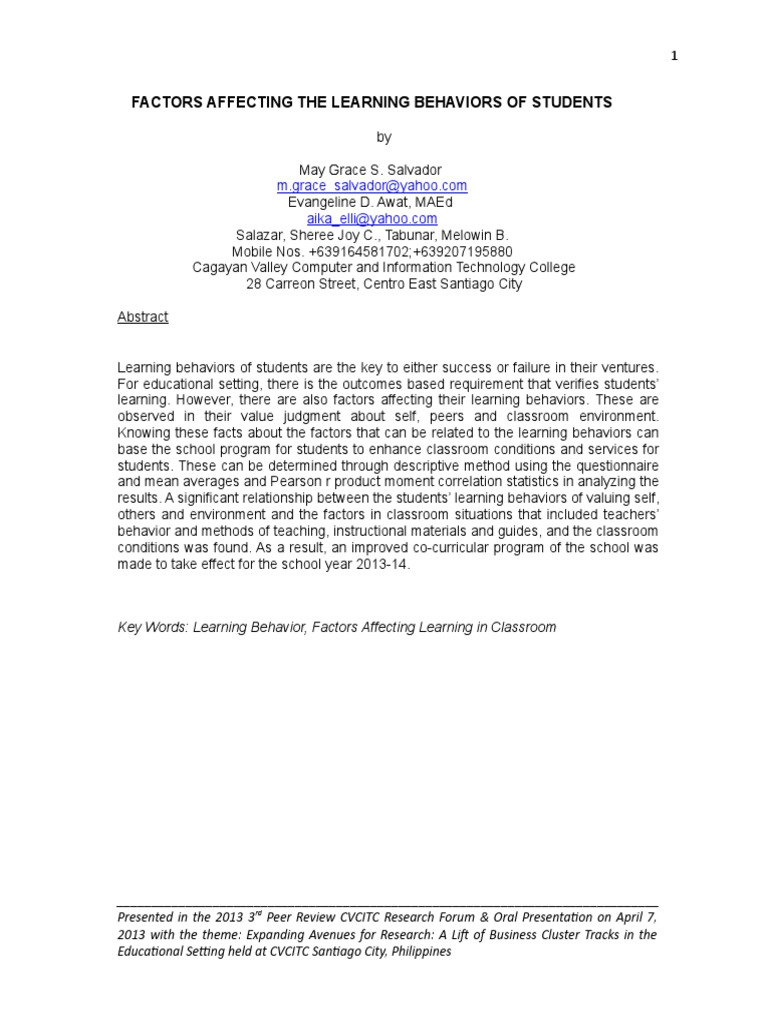 Factors Affecting The Learning Behaviors | PDF | Mentorship | Teachers