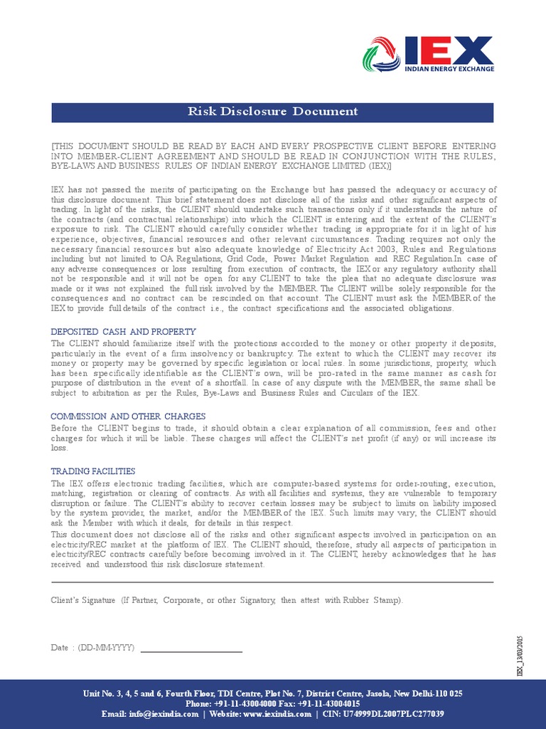 Risk Disclosure Document | PDF | Discovery (Law) | Risk