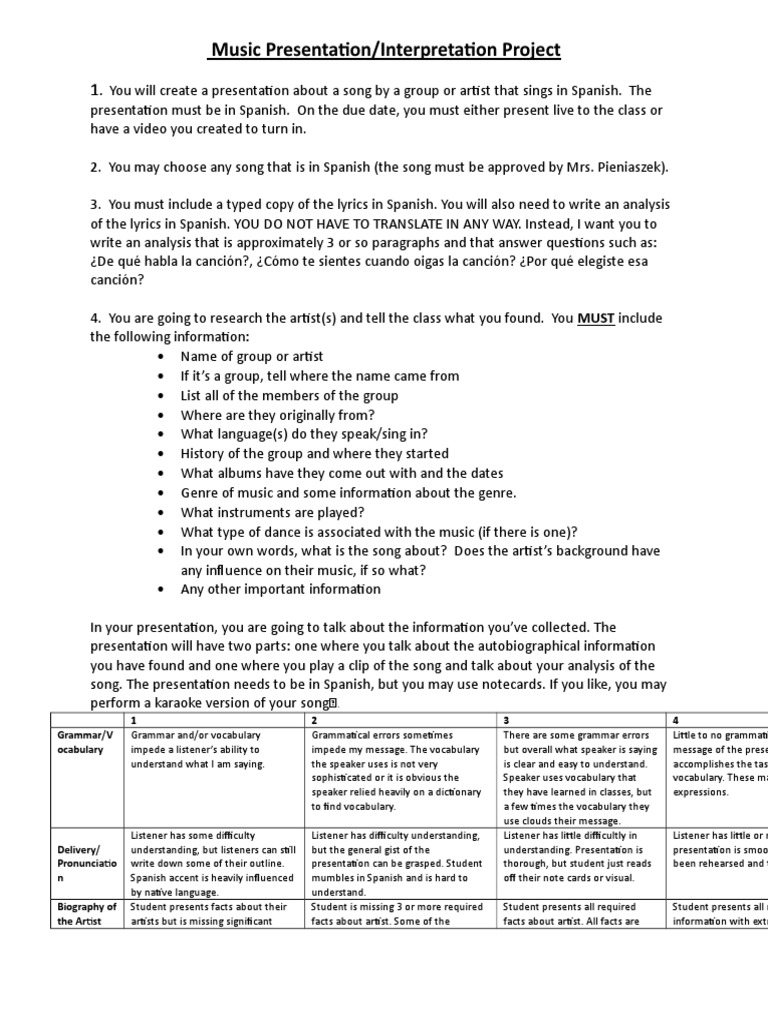 Spanish Song Presentation Project | PDF | Vocabulary | Breads