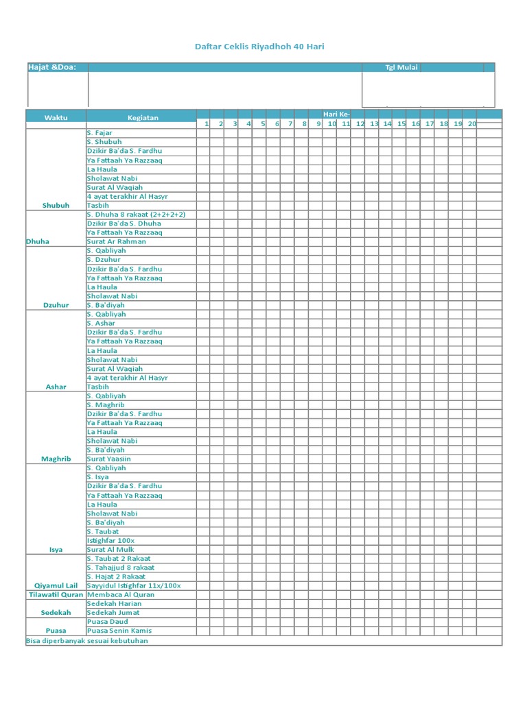Ceklist Riyadhoh 40 Hari | PDF