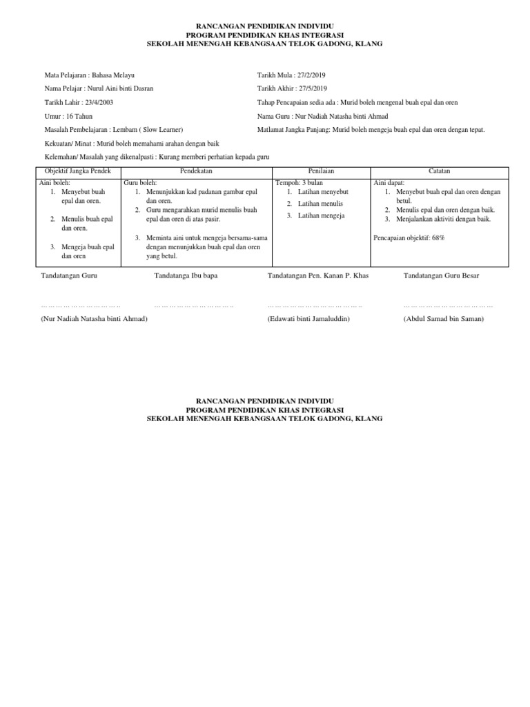 Rancangan Pendidikan Individu (RPI) | PDF