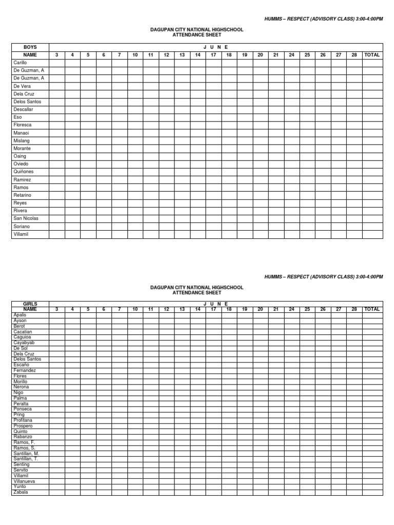 HUMMS Respect Class Attendance Sheet | PDF