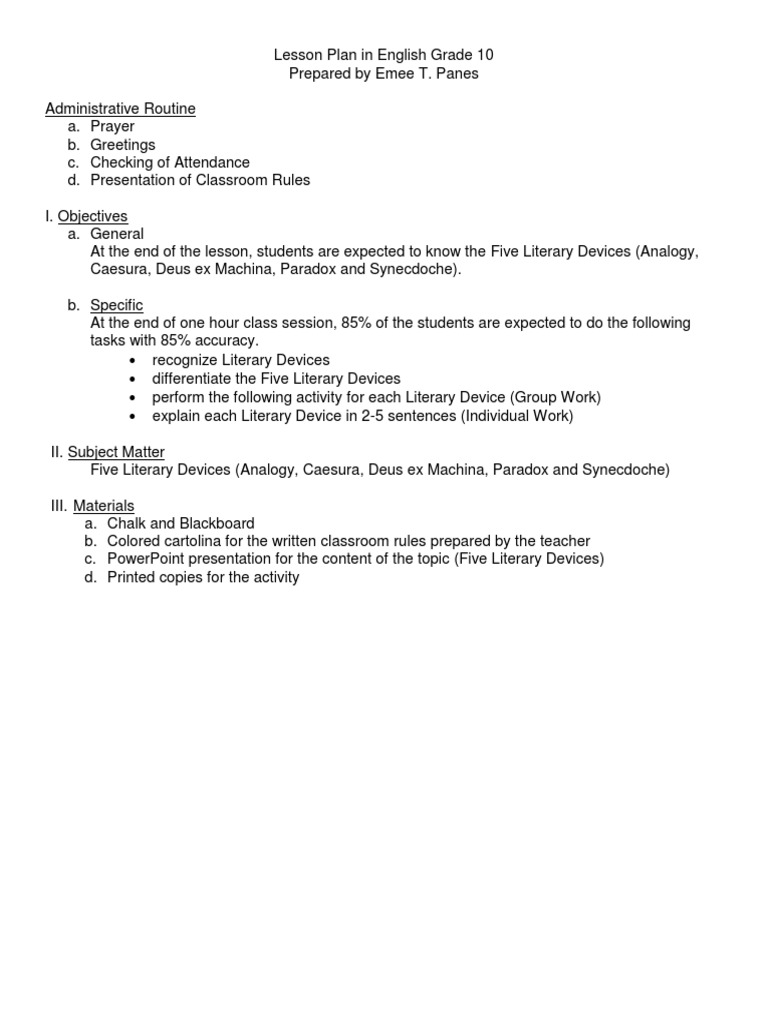 Lesson Plan in English Grade 10 Off Campus | PDF