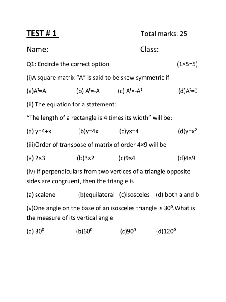 Test # 1: Name: Class | PDF