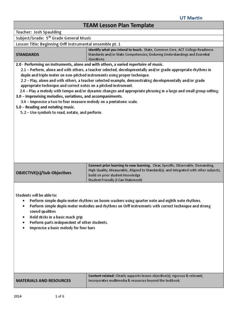 TEAM Lesson Plan Template: Standards | PDF | Educational Assessment ...