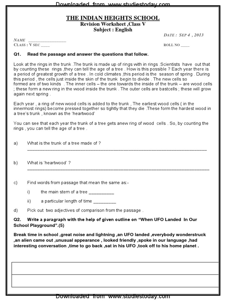 CBSE Class 5 English Revision Worksheet (9) - Revision Worksheet | PDF ...