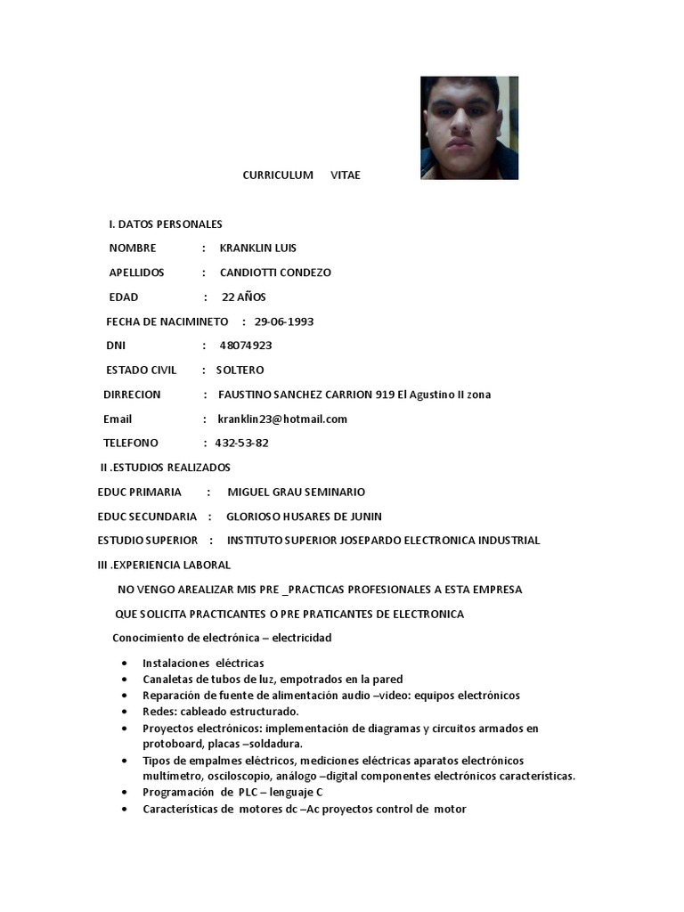 CURRICULUM Vitae 2 Practicante | PDF | Electrónica | C (lenguaje de ...