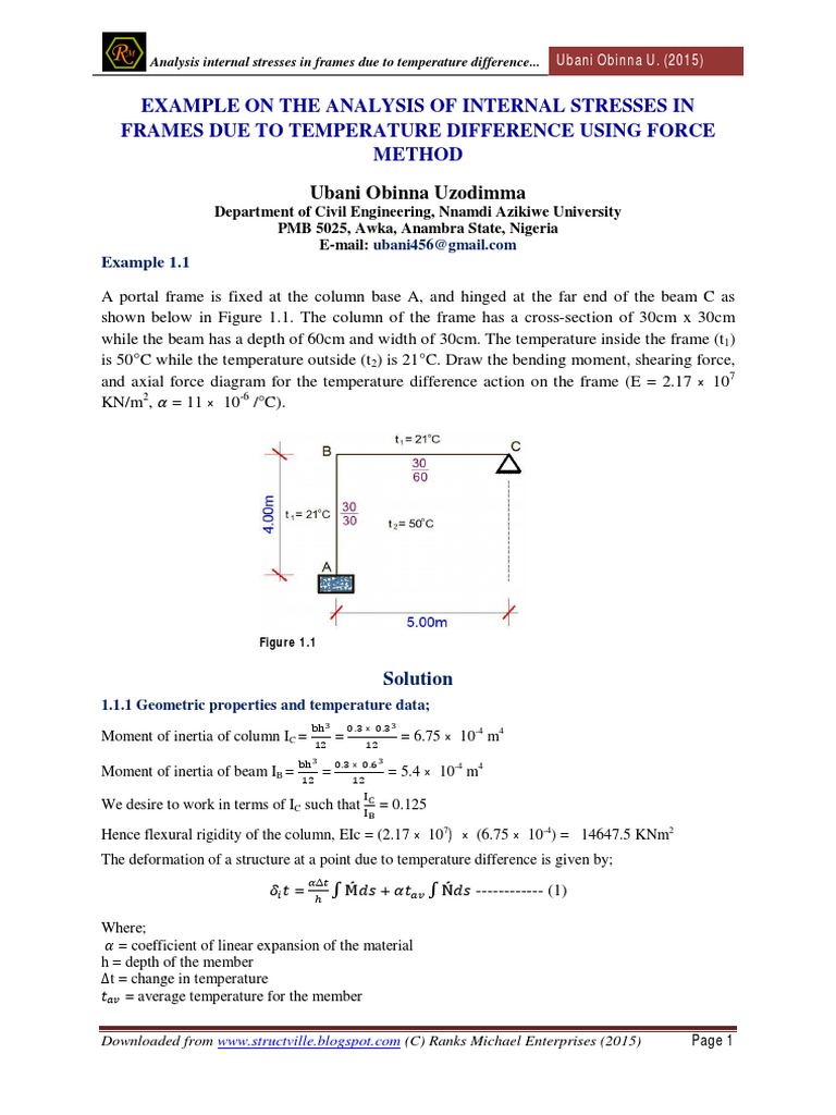 Example On The Analysis of Internal Stresses in Frames Due To Temperature Difference Using Force ...