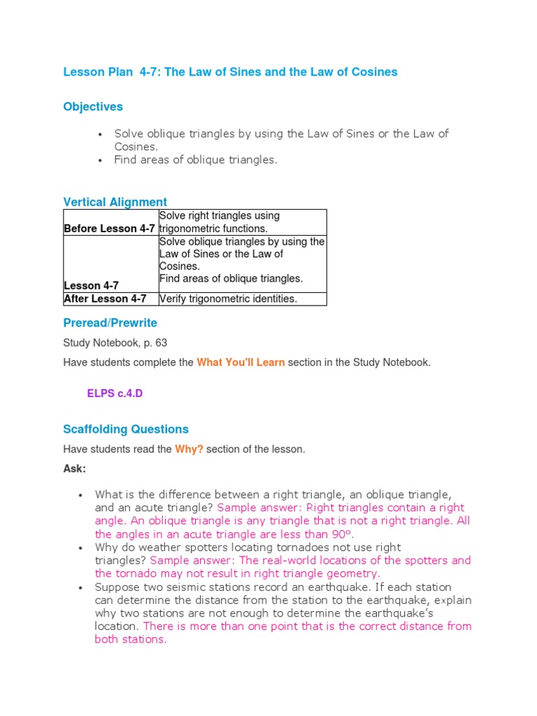 Objectives: Lesson Plan 4-7: The Law of Sines and The Law of Cosines ...
