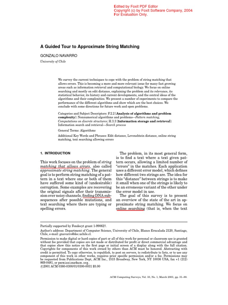 A Guided Tour To Approximate String Matching: Gonzalo Navarro | PDF | String (Computer Science ...