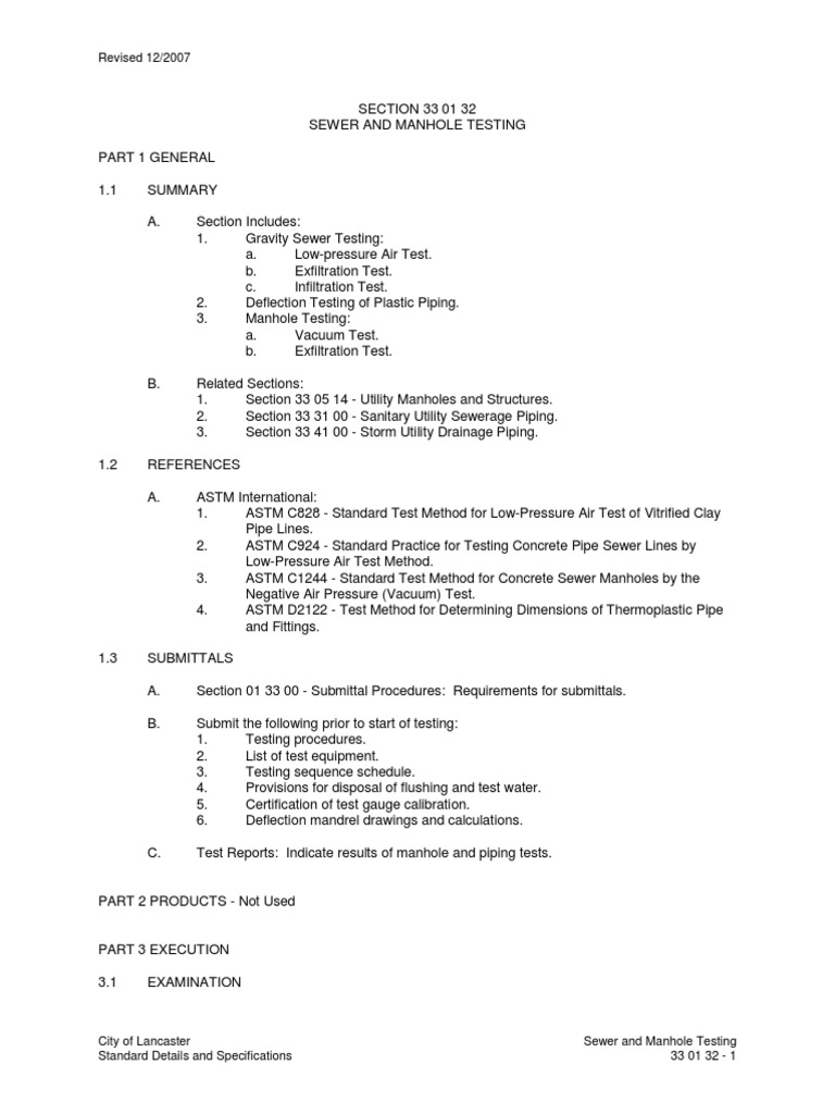 33 01 32 Sewer and Manhole Testing | PDF | Sanitary Sewer | Pipe (Fluid ...