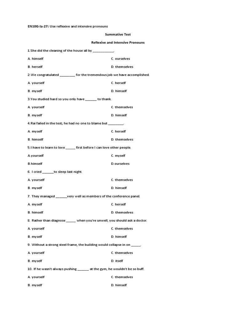 Reflexive and Intensive Pronouns Test | PDF
