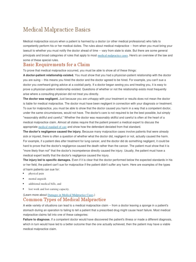 Medical Malpractice Basics | PDF | Medical Error | Damages