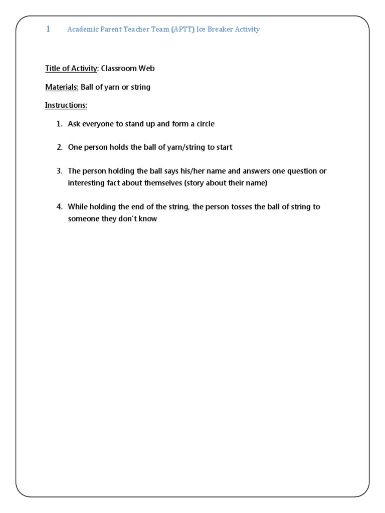 Academic Parent Teacher Team (APTT) Ice Breaker Activity | PDF | Classroom