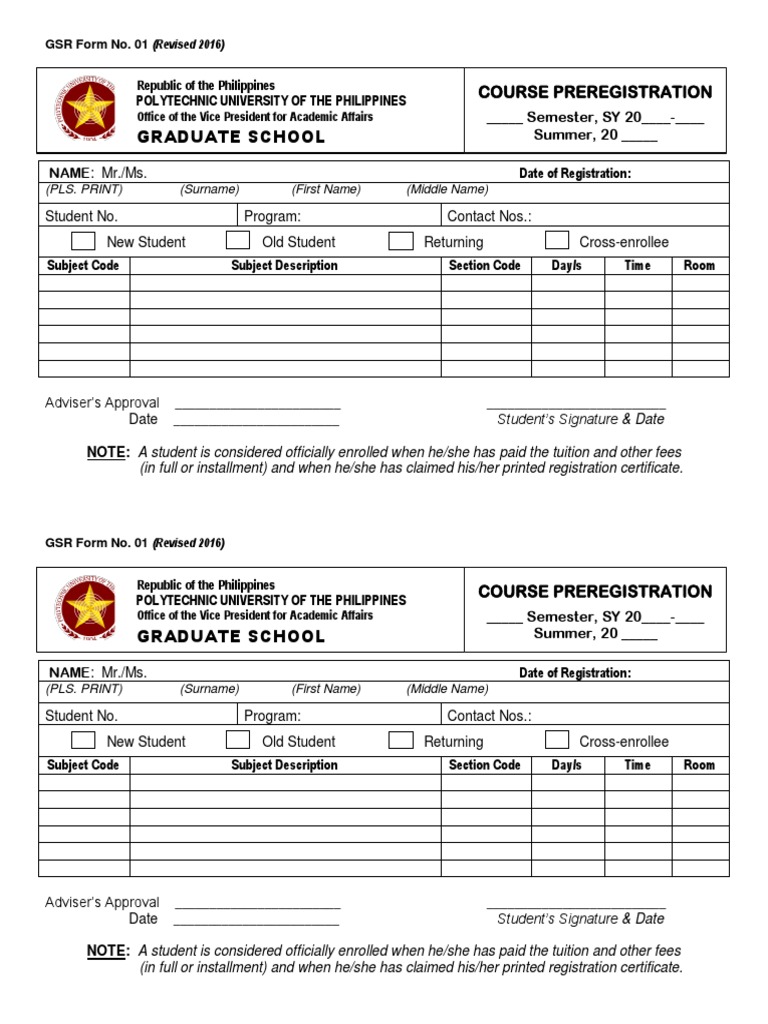 GSR Form No. 01 Preregistration Form | PDF | Students | Higher Education
