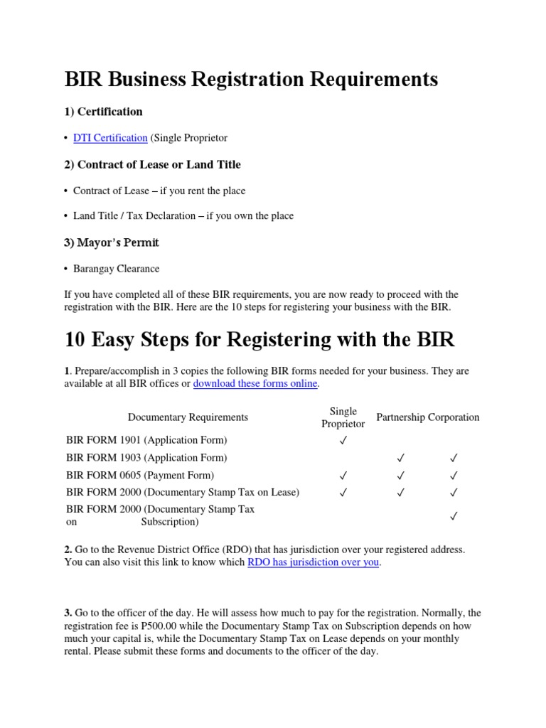 BIR Business Registration Requirements: 1) Certification | PDF ...