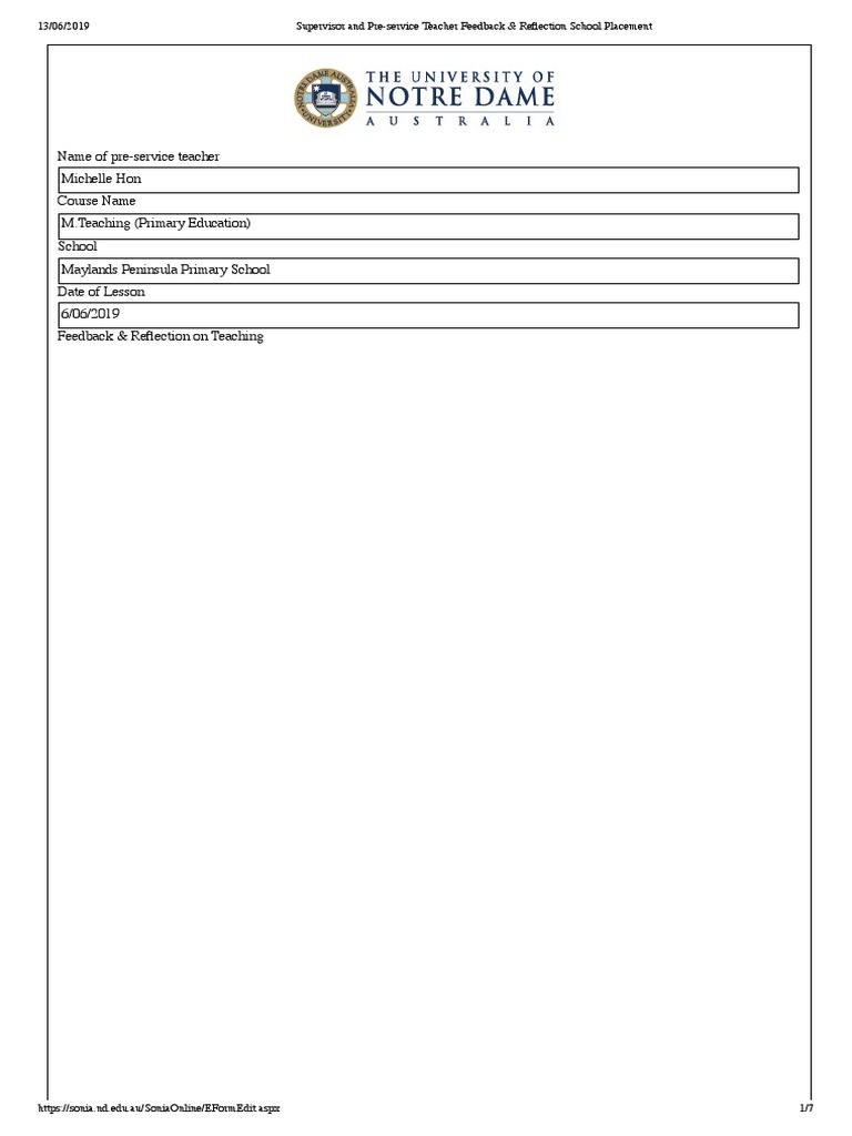 Supervisor and Pre-Service Teacher Feedback Reflection School Placement ...
