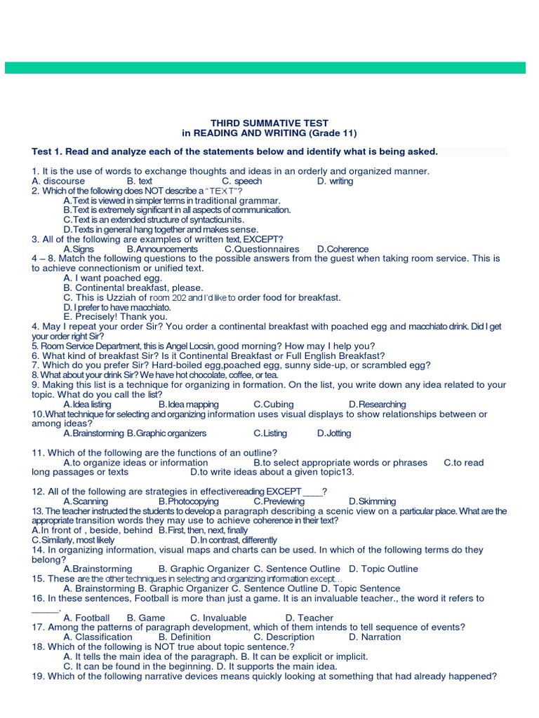 Third Periodic Test in Reading and Writing | PDF | Essays | Cognitive ...