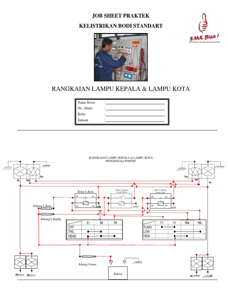 Job Sheet Praktek Rangkaian Lampu Kepala Dan Lampu Kota Pengendali Negatif | PDF