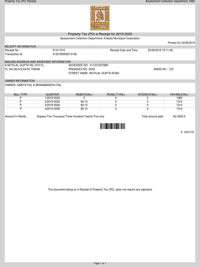 KMC Property Tax Receipt for 2019-2020 | PDF