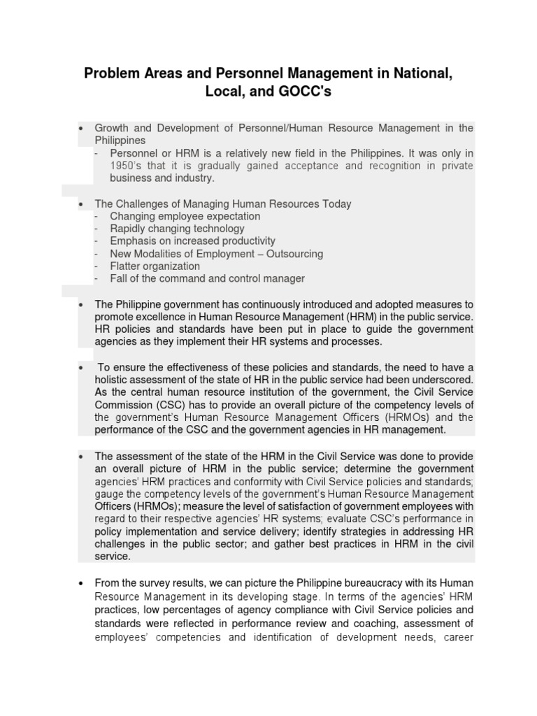 Problem Areas and Personnel Management in National, Local, and GOCC's ...