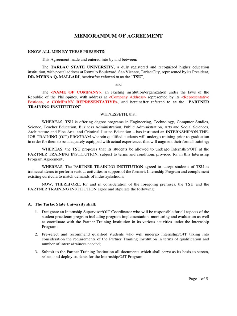 Memorandum of Agreement for an Internship Program Between Tarlac State ...