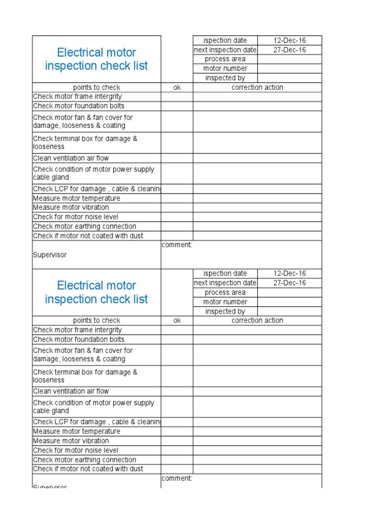 Electrical Motor Inspection Checklist | PDF