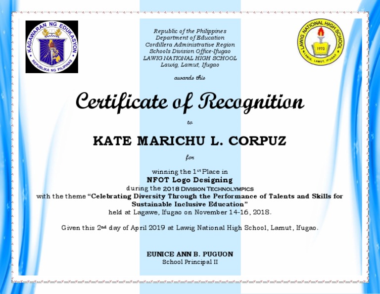 Kate Marichu L. Corpuz Receives Certificate of Recognition for Winning ...