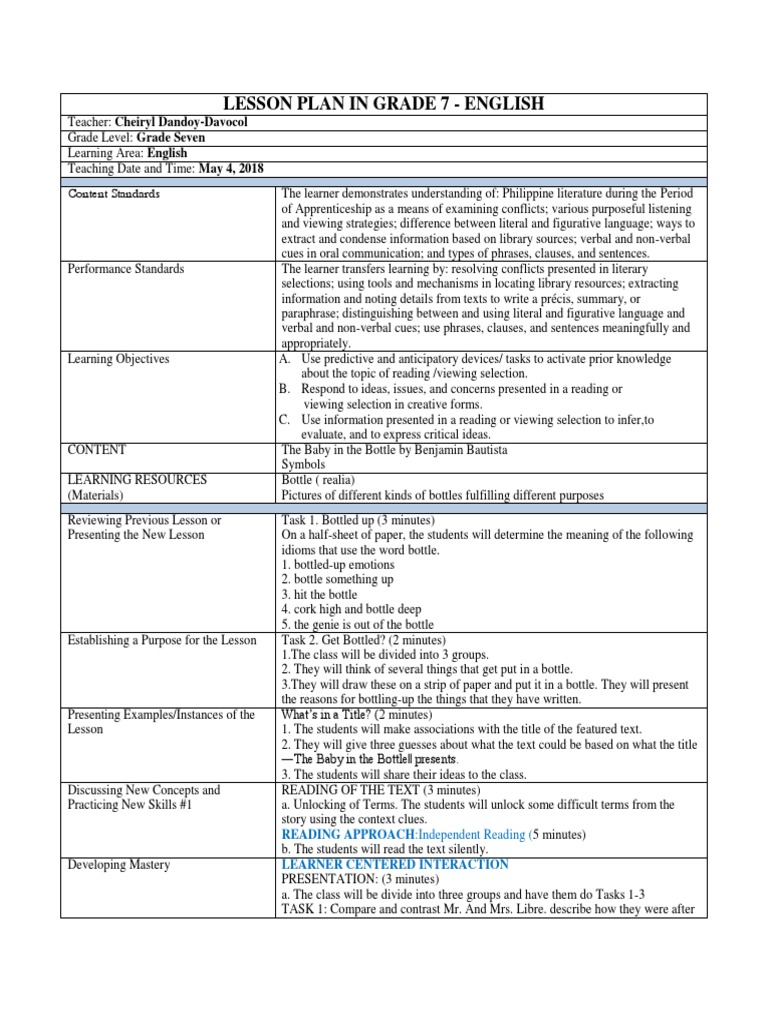 Lesson Plan in Grade 7 - Approaches | PDF | Lesson Plan | Nonverbal ...