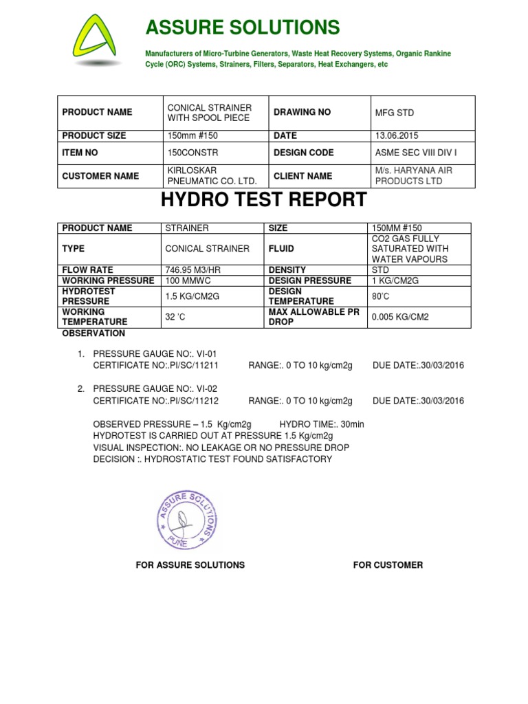 Assure Solutions: Hydro Test Report | PDF