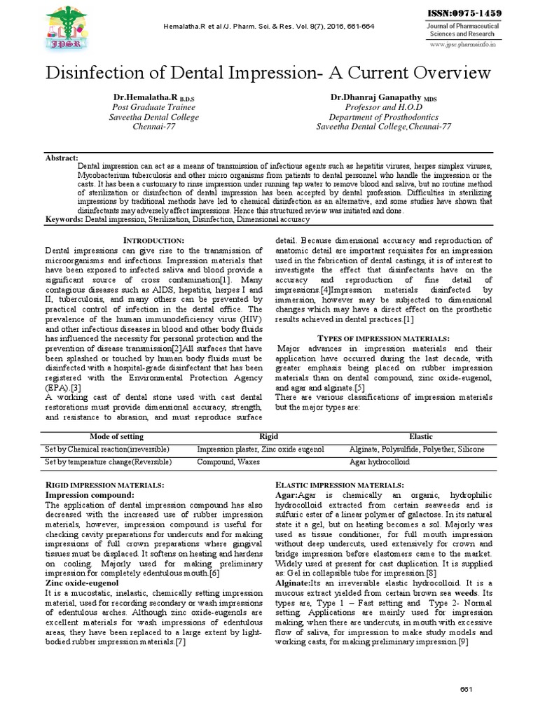 Disinfection of Dental Impressions | PDF | Disinfectant | Materials