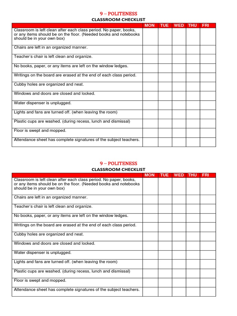 Classroom Checklist: 9 - Politeness | PDF