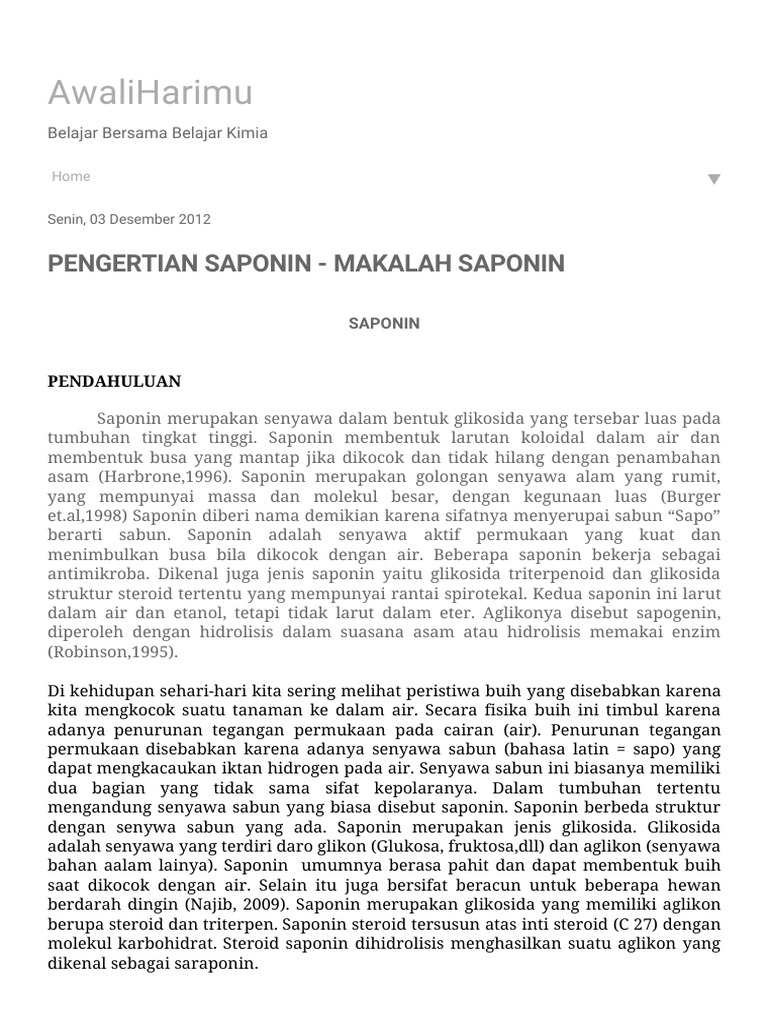 AwaliHarimu - PENGERTIAN SAPONIN - MAKALAH SAPONIN PDF | PDF