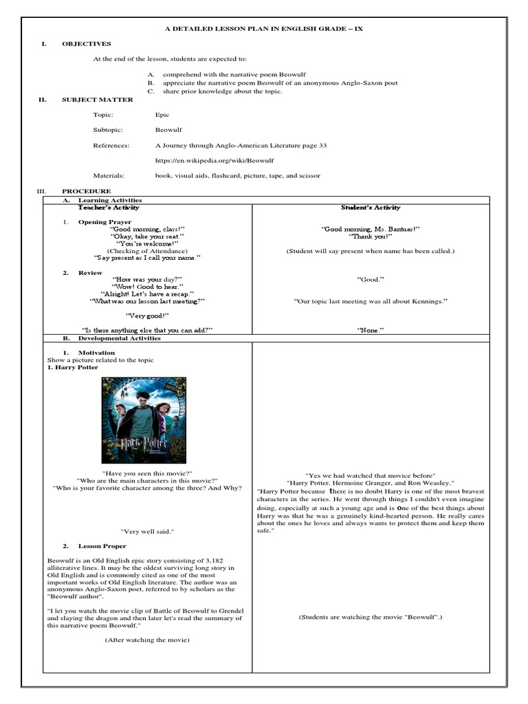 A Detailed Lesson Plan Beowulf. | PDF | Beowulf | Medieval Legends