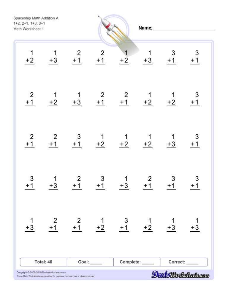 Spaceship Math Addition A 1+2, 2+1, 1+3, 3+1 Math Worksheet 1 | PDF ...