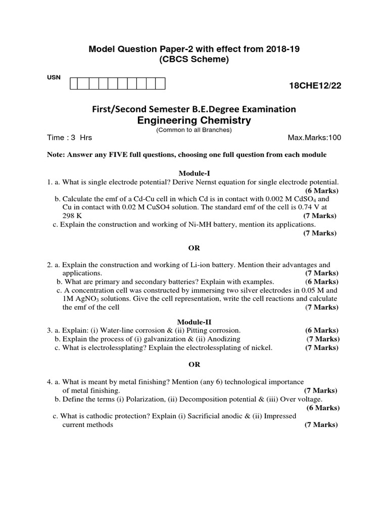 Engineering Chemistry Vtu Model Question Paper 2 2018 | PDF | Physical ...
