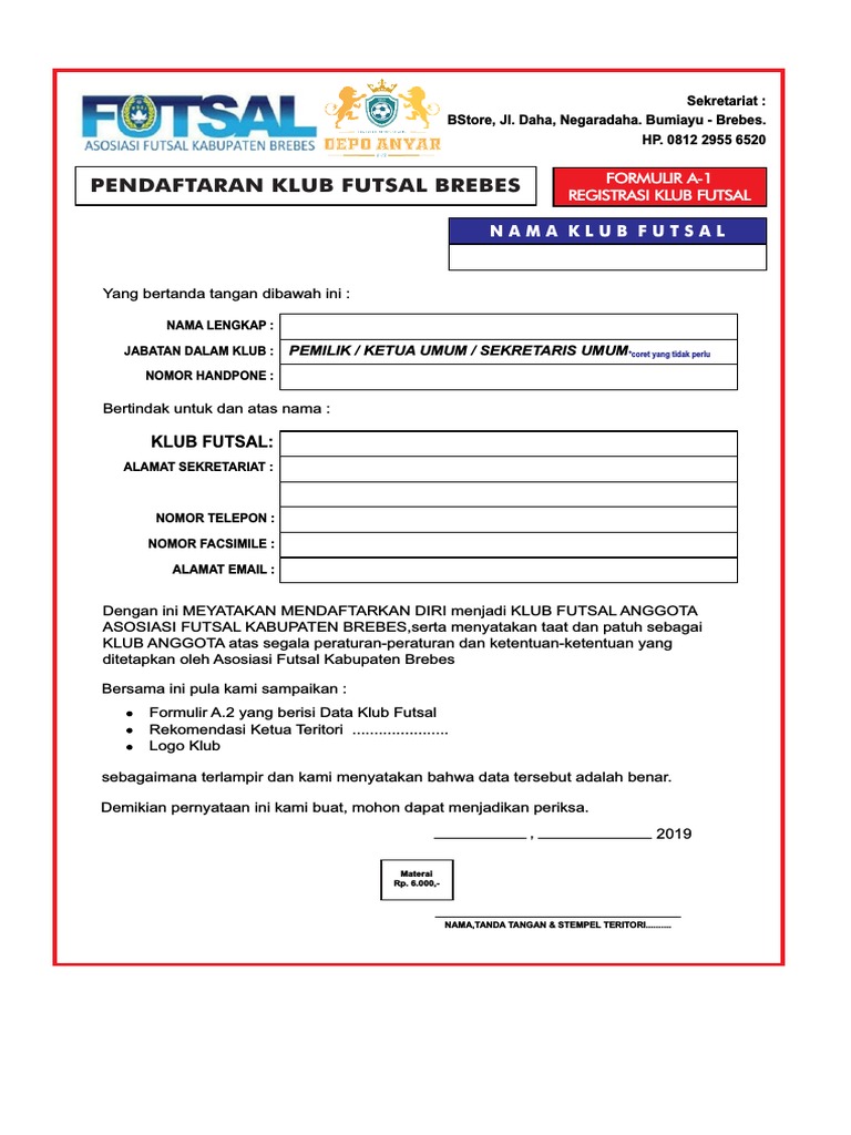 Formulir Pendaftaran Tim Liga Futsal | PDF