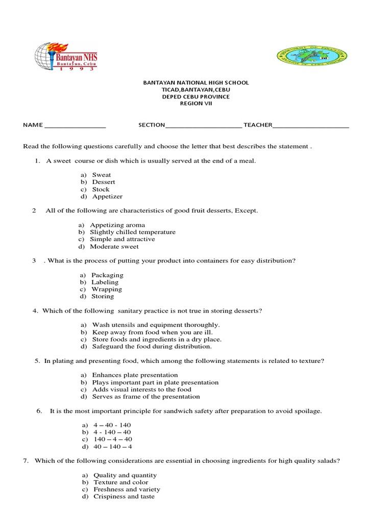 Diagnostic Test Grade 9 | PDF | Kitchen Utensil | Hors D'oeuvre