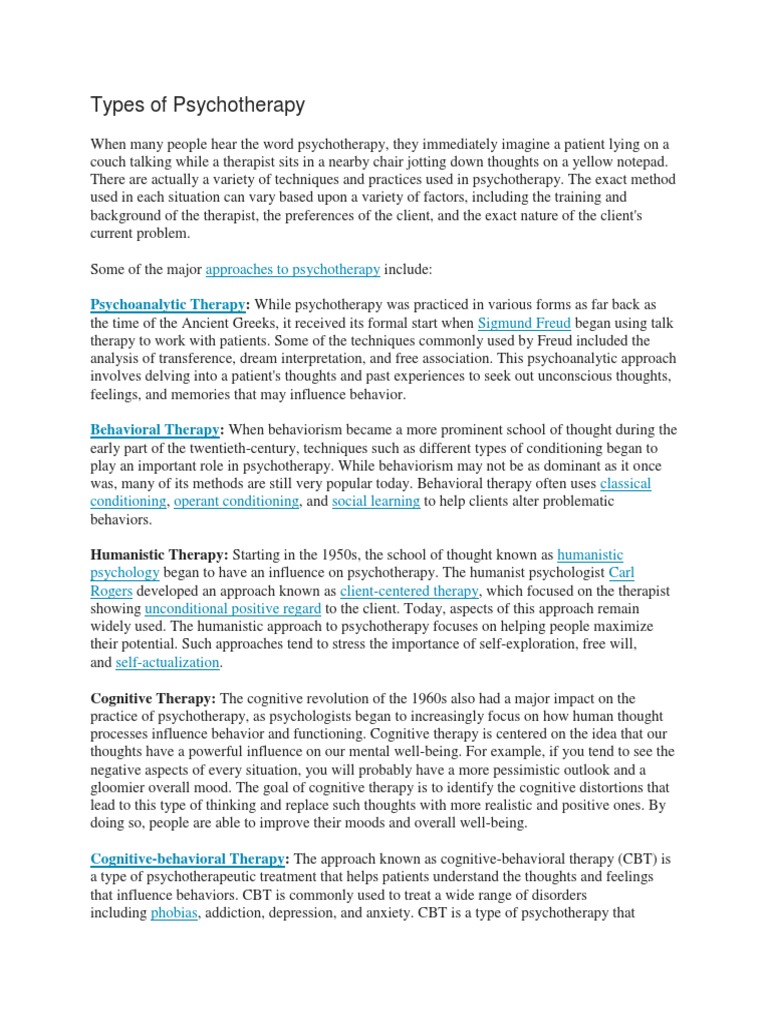 Types of Psychotherapy | PDF | Cognitive Behavioral Therapy | Psychotherapy