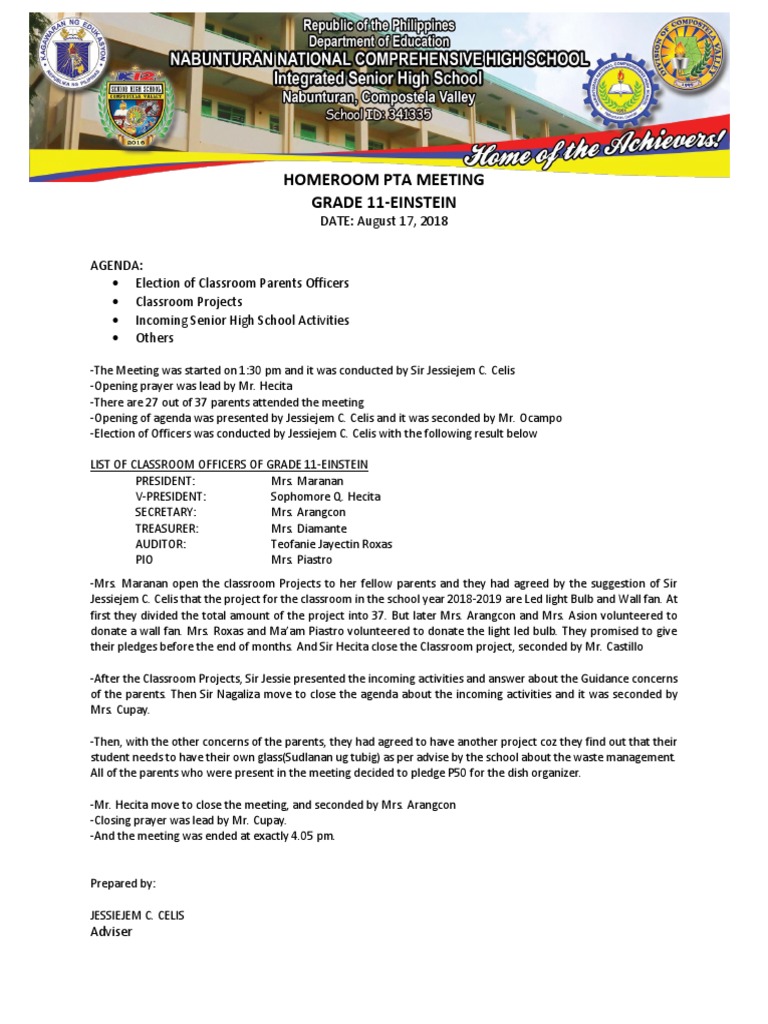 Homeroom Pta Meeting | PDF | Schools | Learning